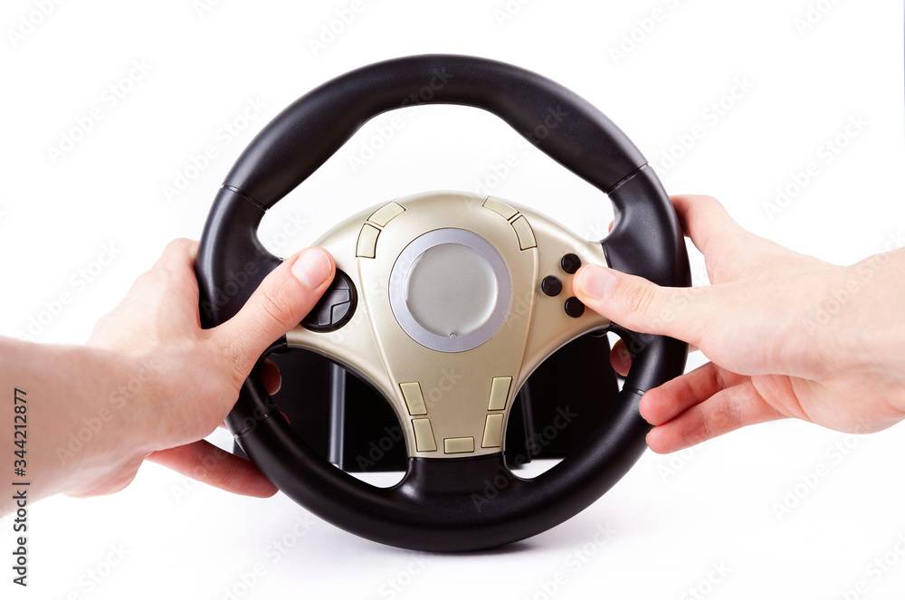 Racing steering arcade wheel controller, both hands holding car wheel ...