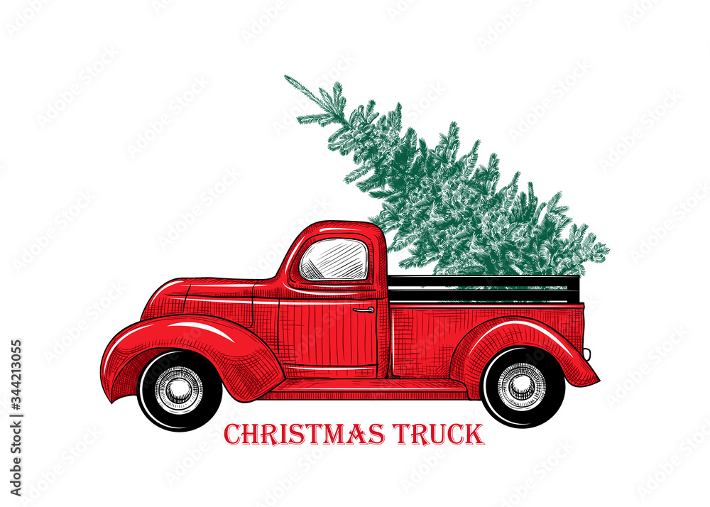 .Christmas truck. Vintage vector illustration Christmas red truck with ...