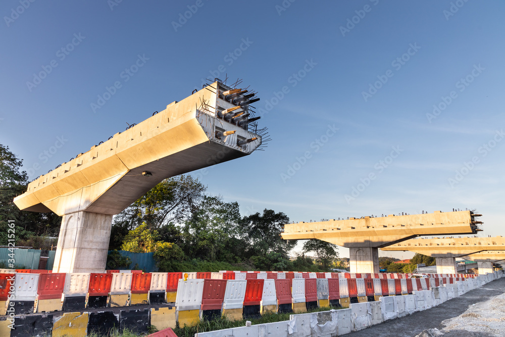 Construction of highway overpass bridge infrastructure in progress with ...
