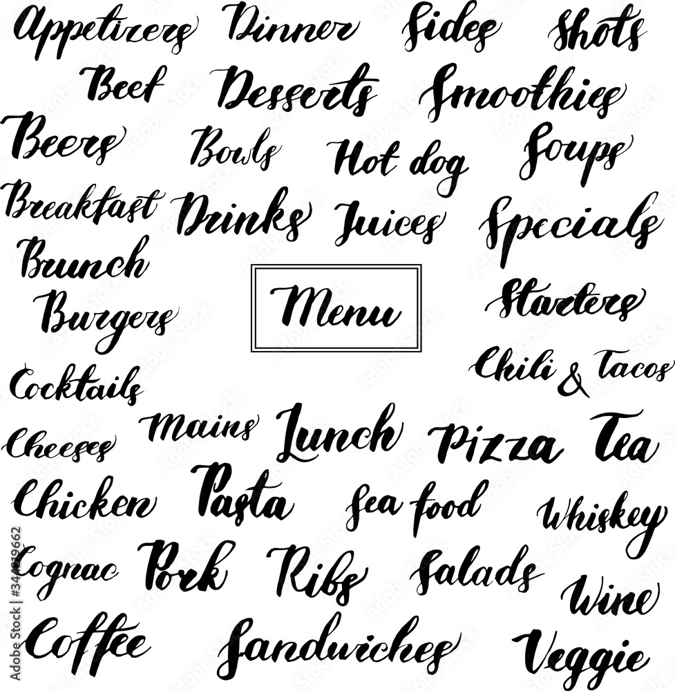 Set of brush lettering words for food menu. Handwritten overlay text ...