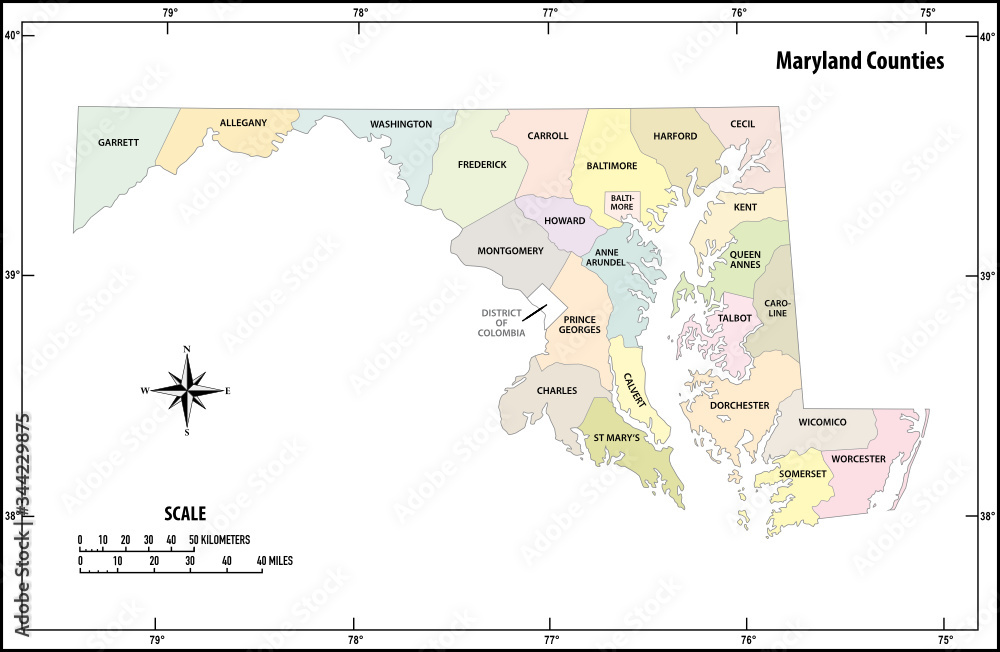Maryland state outline administrative and political vector map in color ...