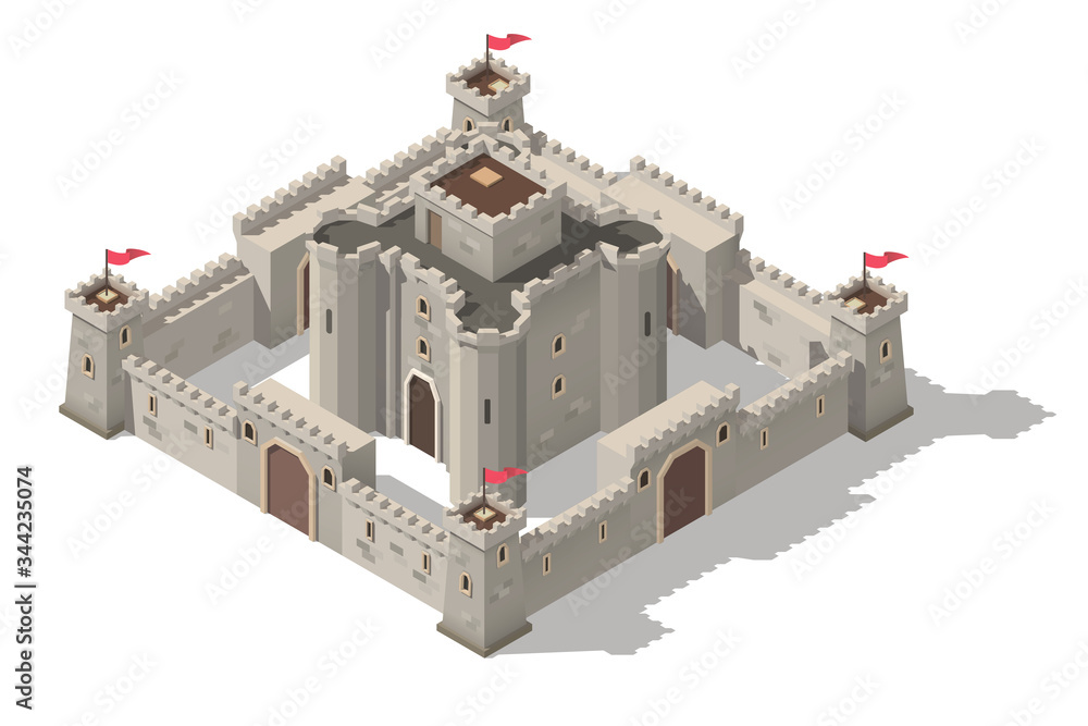 Vector isometric medieval castle with walls, gates and towers. Concept ...