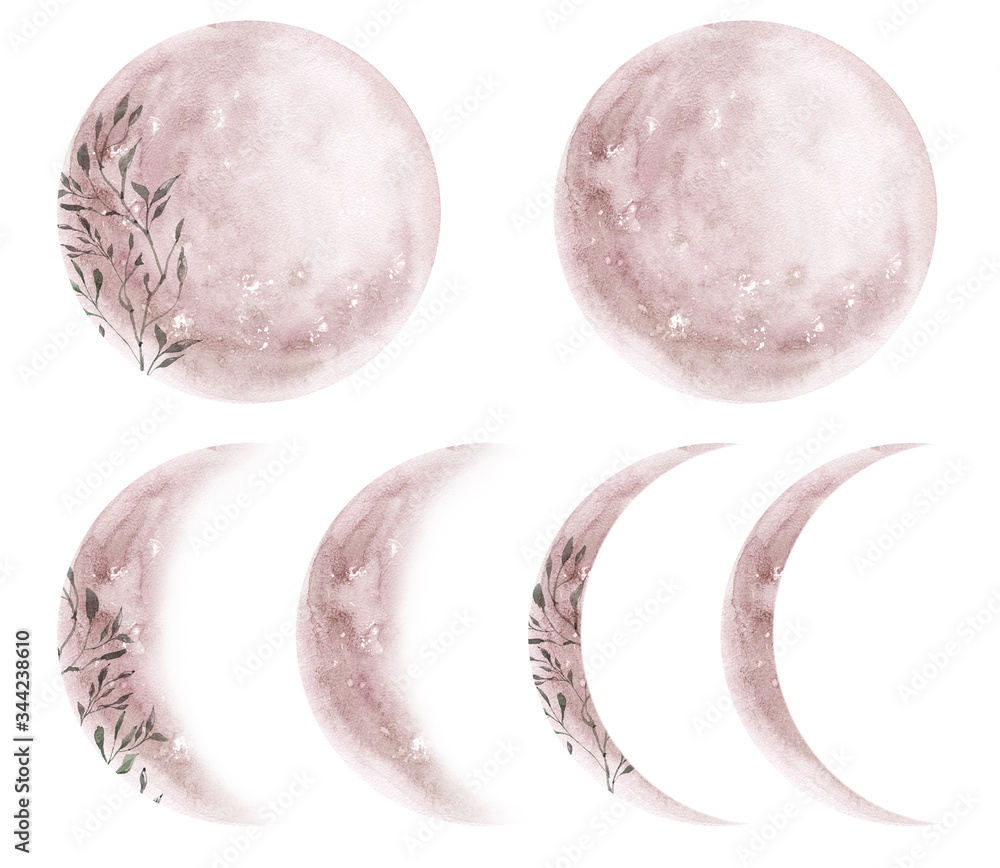 Watercolor pink moon phases set isolated on white background ...