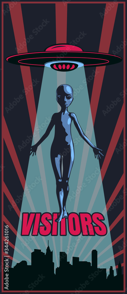 Vintage poster with alien ship. Vector image. Stock Vector | Adobe Stock