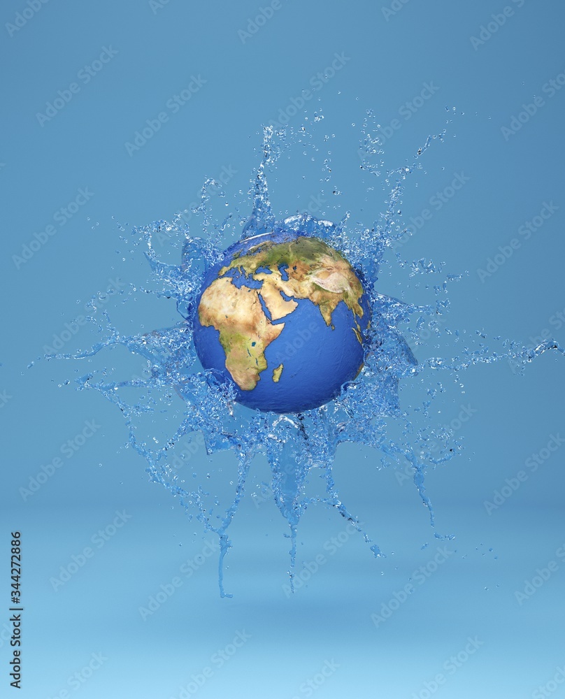 World Ocean Day, Earth Globe and Water Splash Behind Earth. 3D concept ...