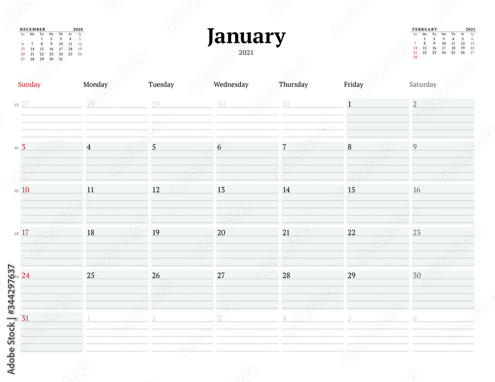 Calendar template for January 2021. Business monthly planner ...
