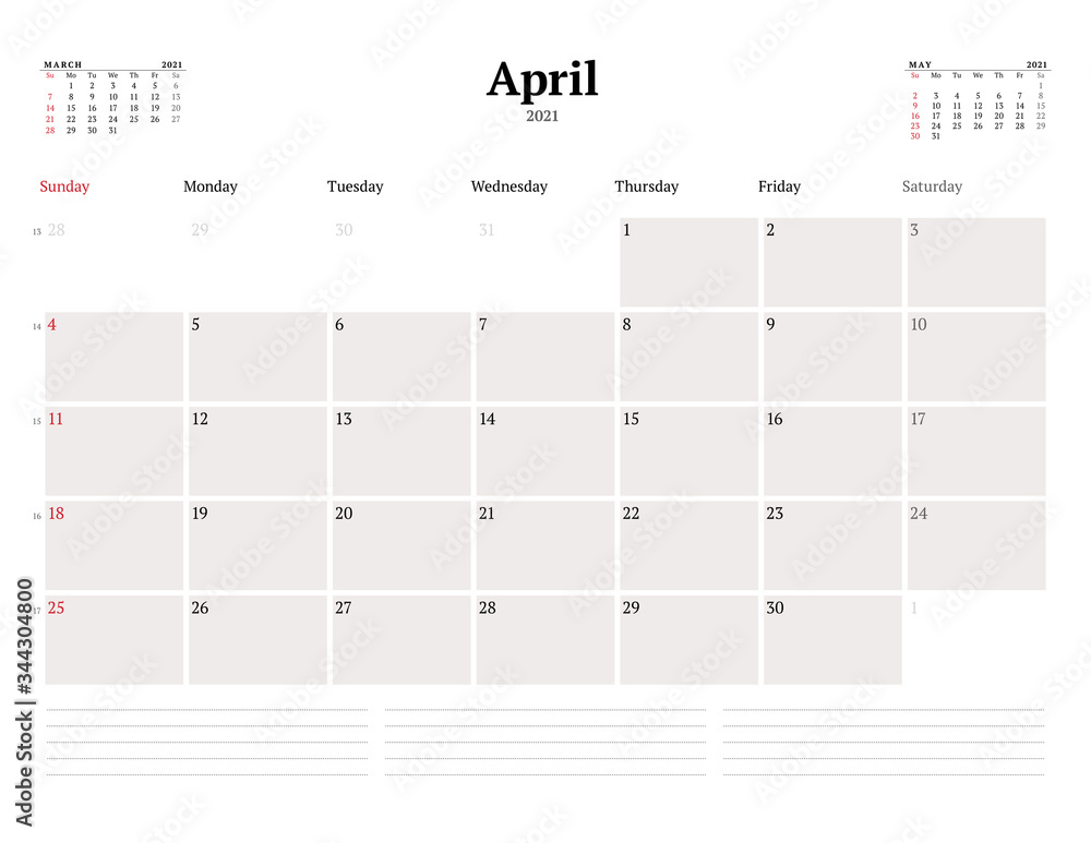 Calendar template for April 2021. Business monthly planner. Stationery ...