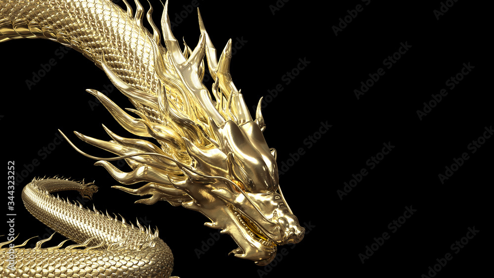 Head and half body gold dragon in smart pose with 3d rendering include ...