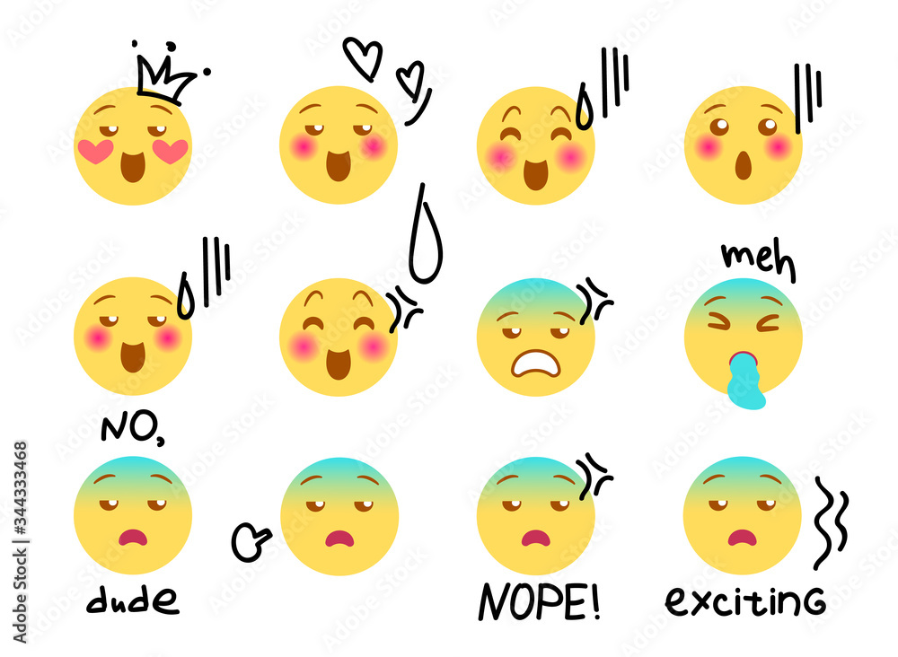 Vector illustration, yellow emoji big set with hand drawn black marker ...