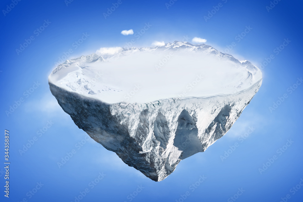Fantasy floating island with winter landscape, surreal flying island ...