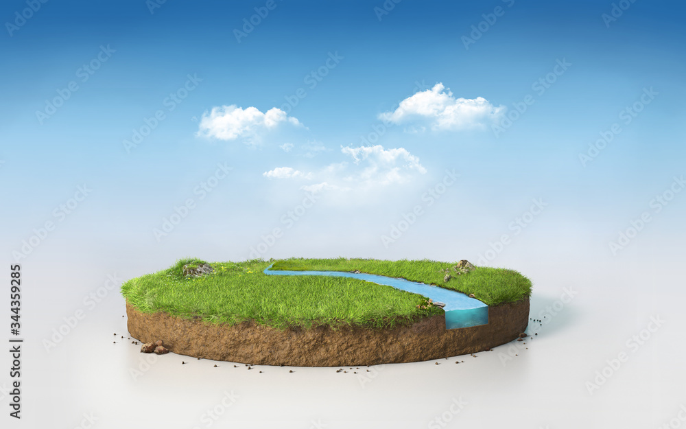 Fantasy 3D rendering circle podium grass field with river, surreal 3D ...