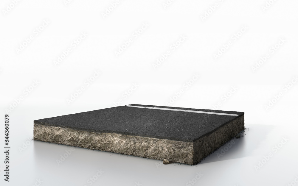 cubical soil land geology cross section with asphalt road, 3D ...