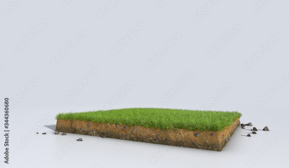 3D Illustration soil ground cross section with earth land and green grass, realistic 3D ...