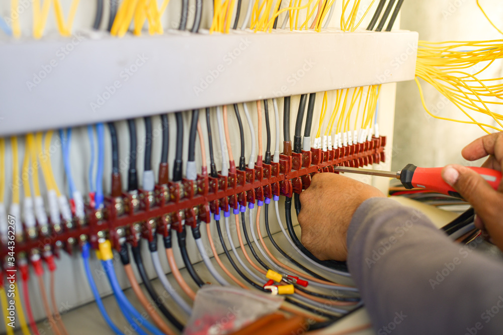 Electric cable wiring supply and switch board in the control panel ...