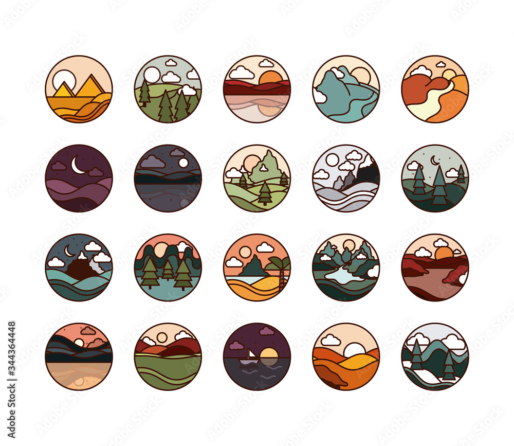 landscape nature mountains ocean and forest in circle icons set line ...