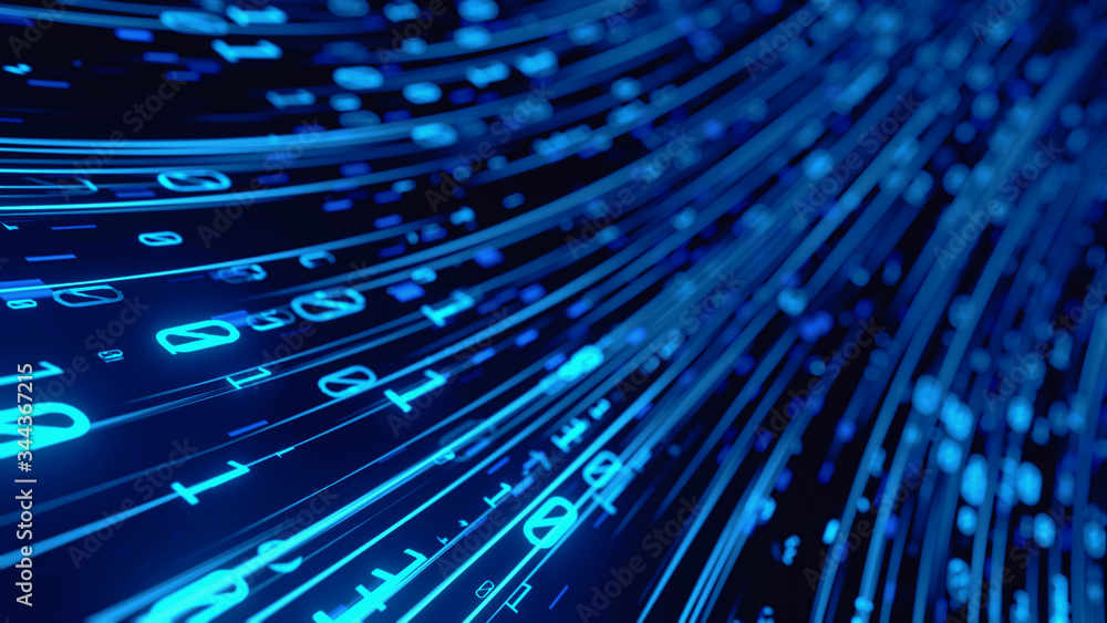 3D Rendering of abstract fast moving binary computer data. High speed motion blur. Concept of ...