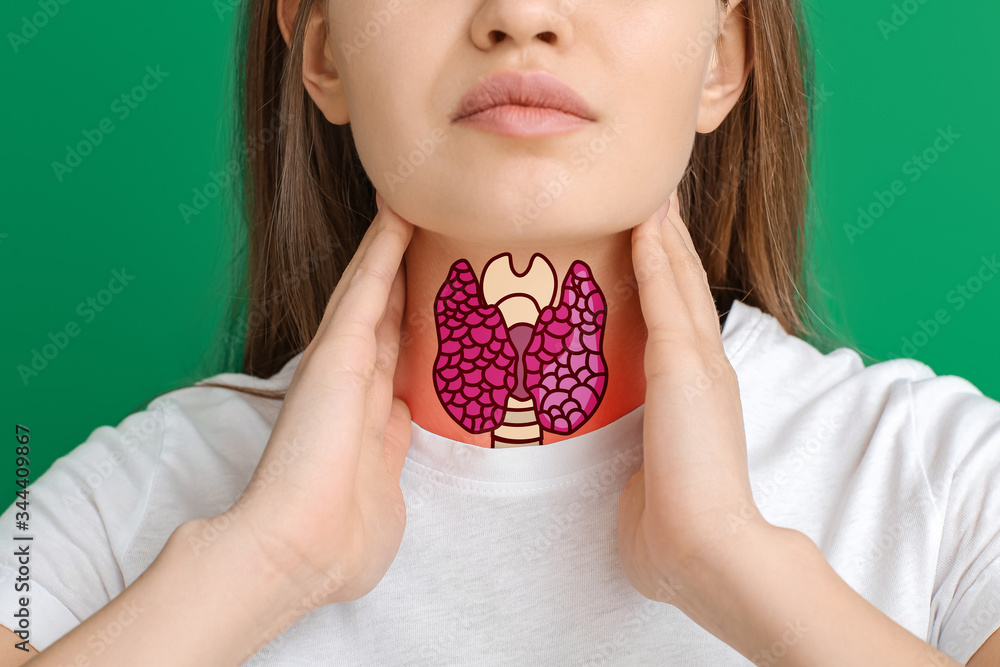 Woman with thyroid gland problem on color background Stock Photo ...