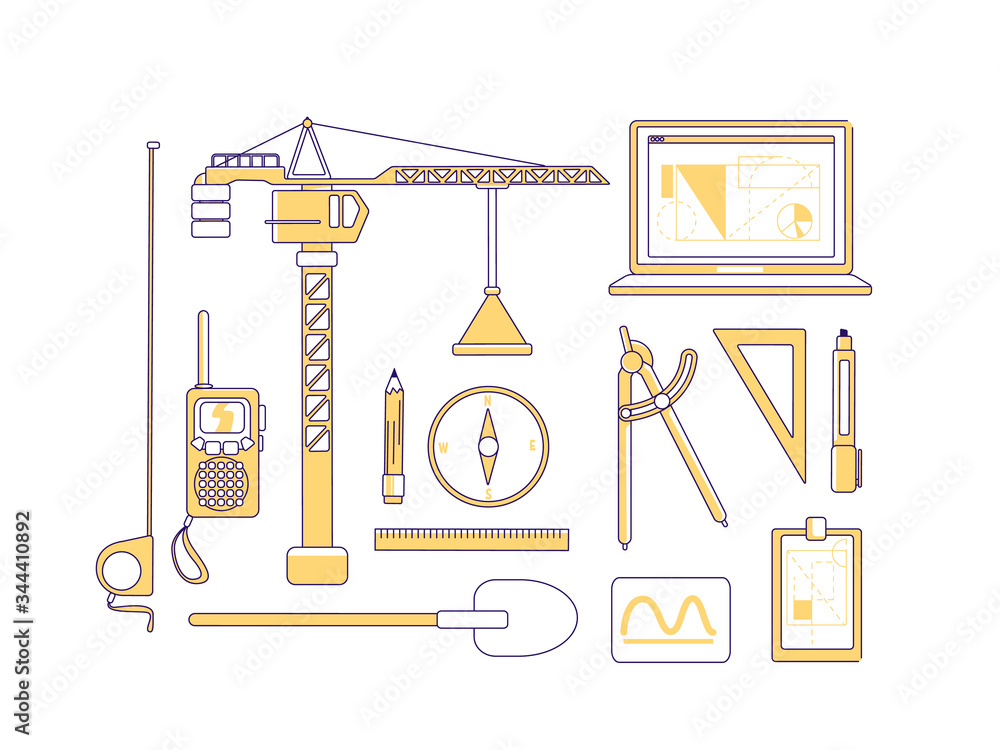 Construction items yellow linear objects set. Industrial and ...