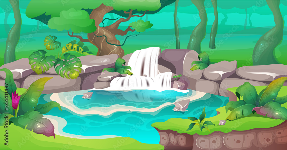 Jungle flat color vector illustration. Idyllic exotic pond. Clear water ...