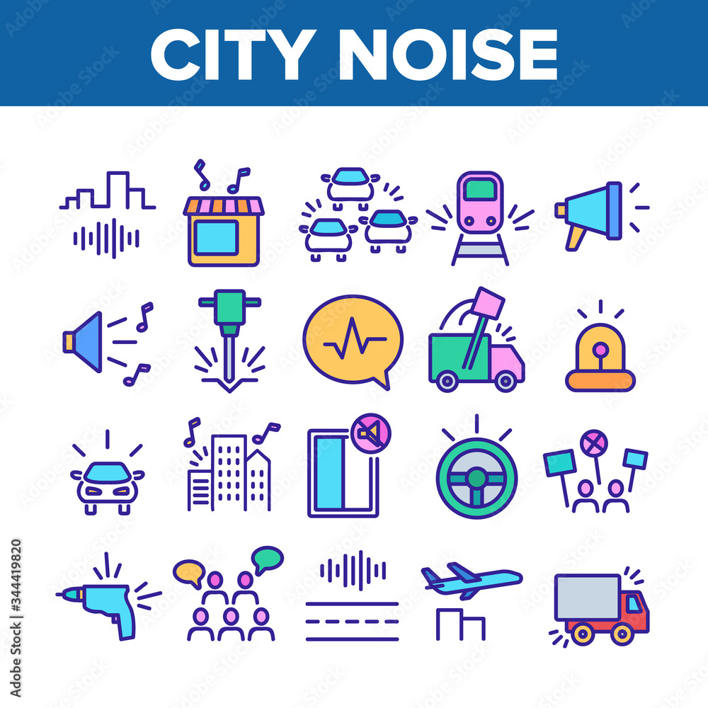 City Noise And Sounds Collection Icons Set Vector. Rattle Of Train ...