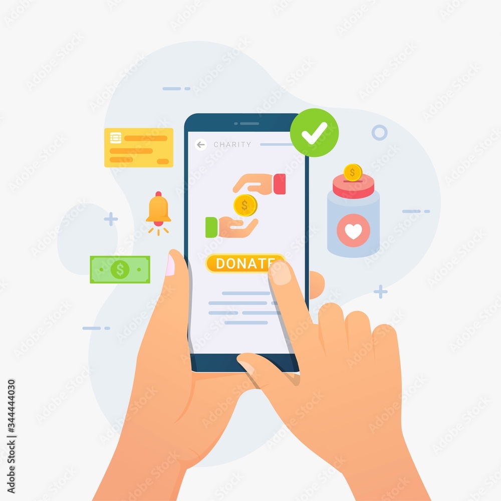 Hand Holding Mobile Smart Phone for giving donation with donation app ...