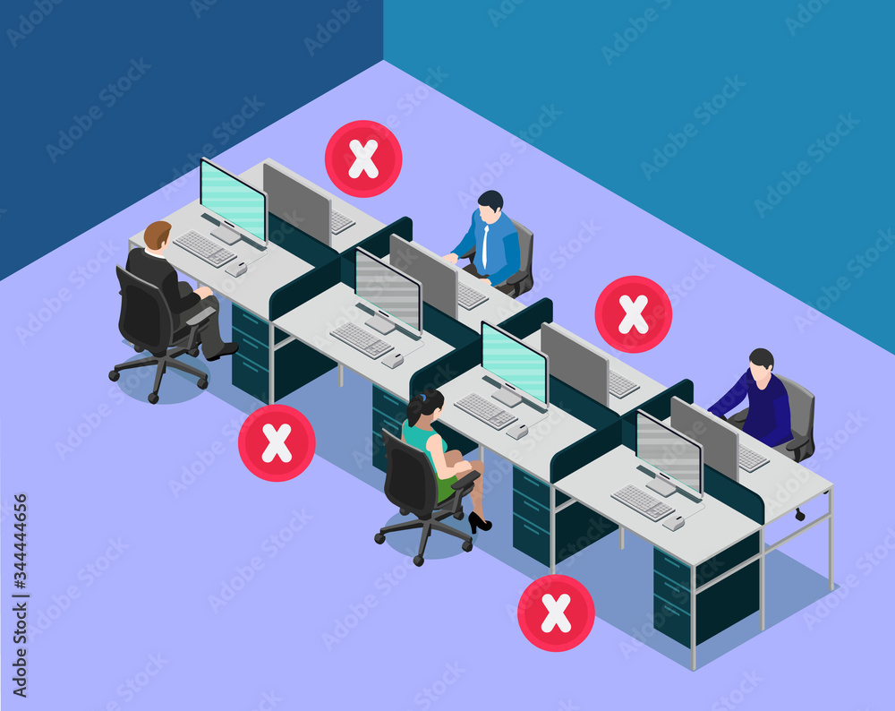 Social distancing at office workstation. Employees are maintain ...