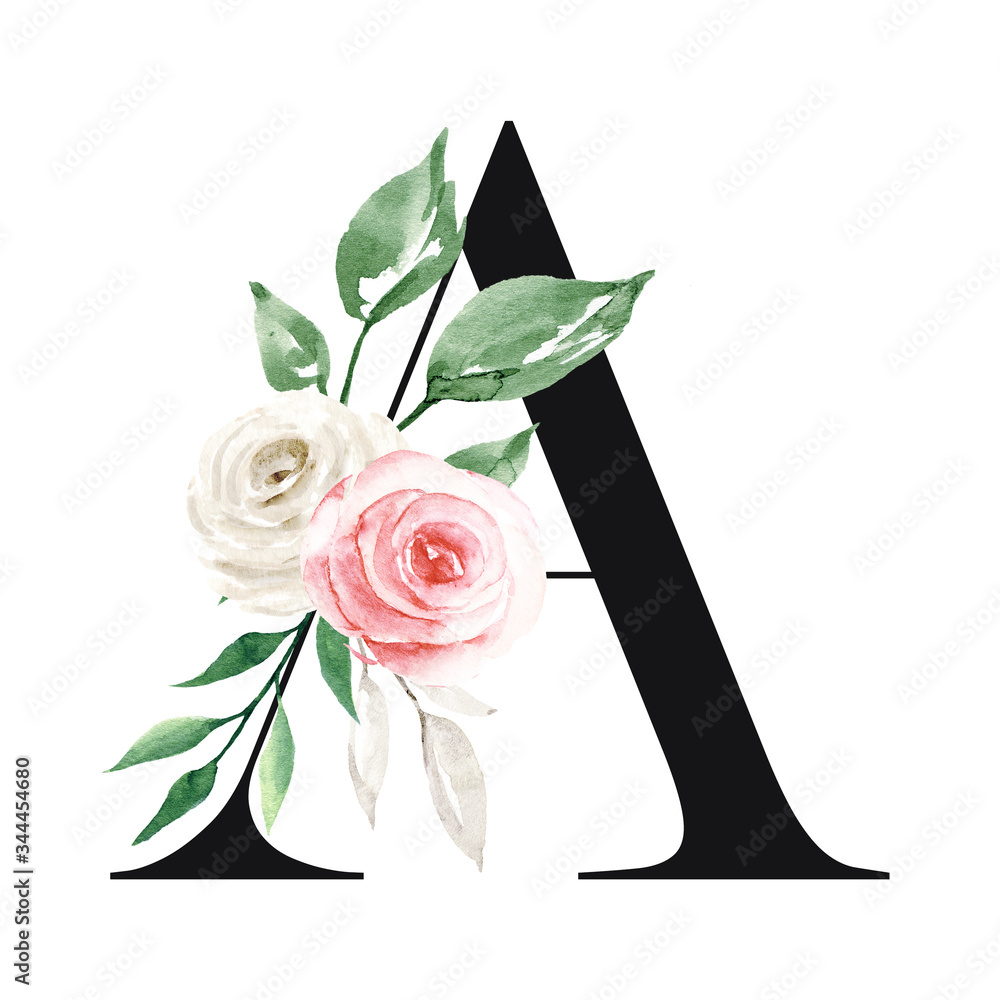 Wedding monogram art, letter A with watercolor flowers roses and leaves ...