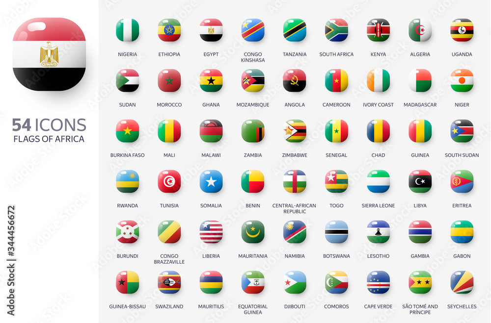 Realistic 3d glossy icons of African countries, African flags. Vector ...