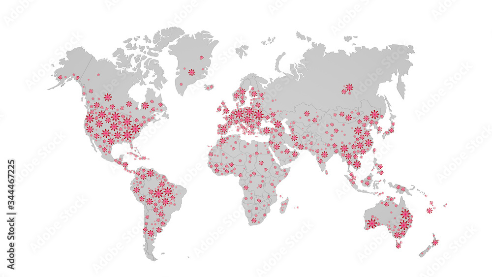 World map isolated on white background with red virus. Pandemic ...