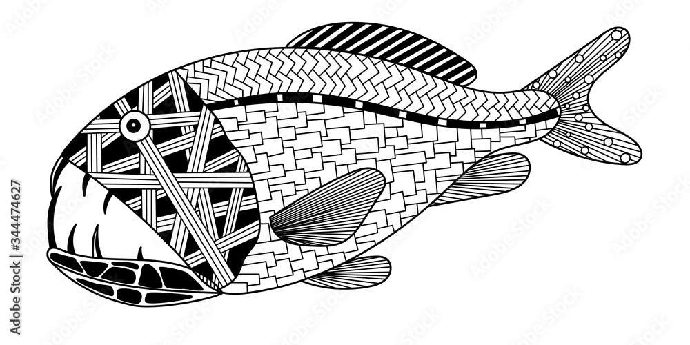saber-toothed, monster, fish in zenart style, black and white drawing ...
