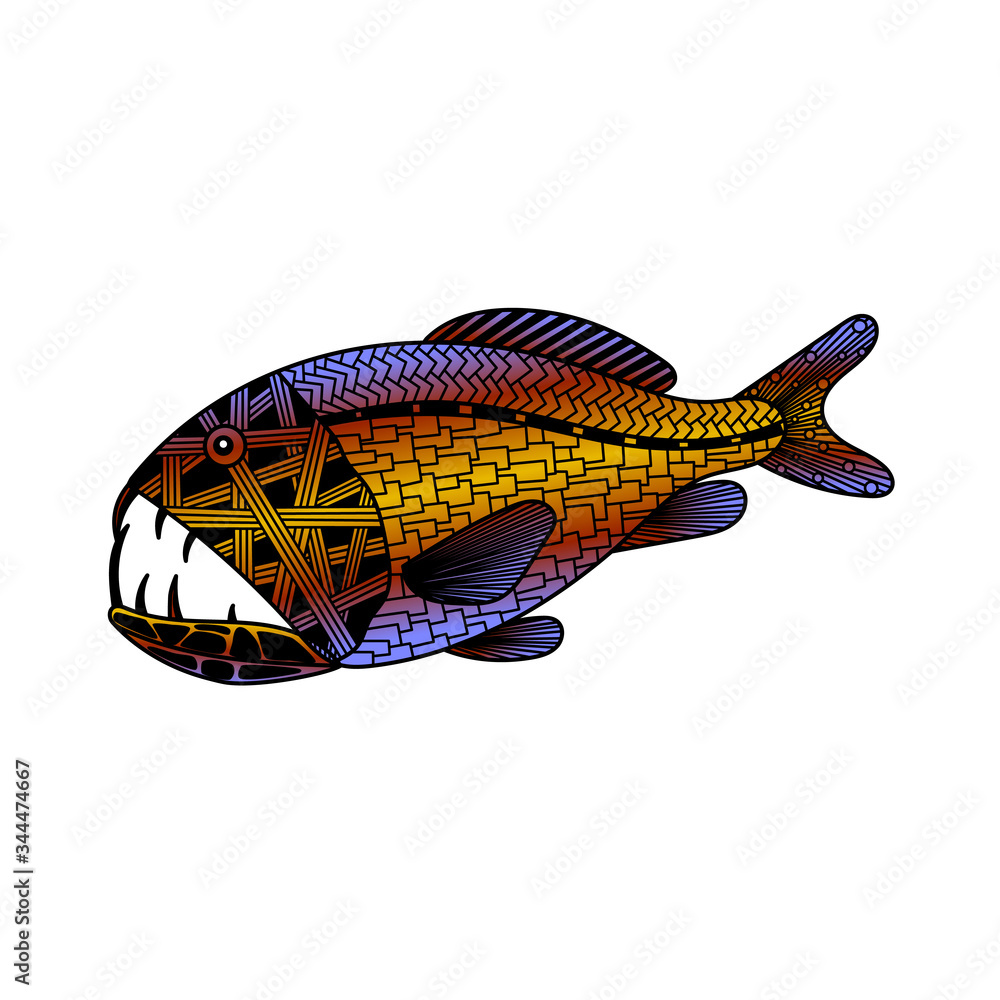 saber-toothed, monster, fish in zenart style, color drawing Stock ...