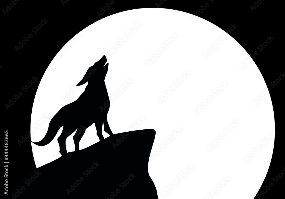 Lobo aullando a la luna desde una montaña vector de Stock | Adobe Stock