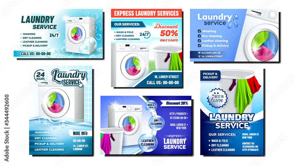 Laundry Services Advertising Posters Set Vector. Collection Of ...