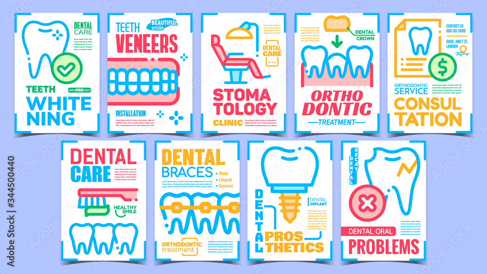 Dental Treatment Advertising Posters Set Vector. Collection Of ...