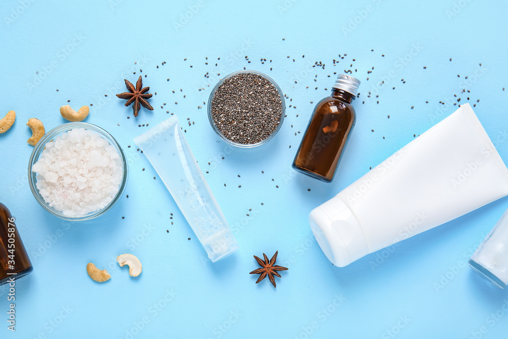 Natural cosmetics with ingredients on color background Stock Photo ...
