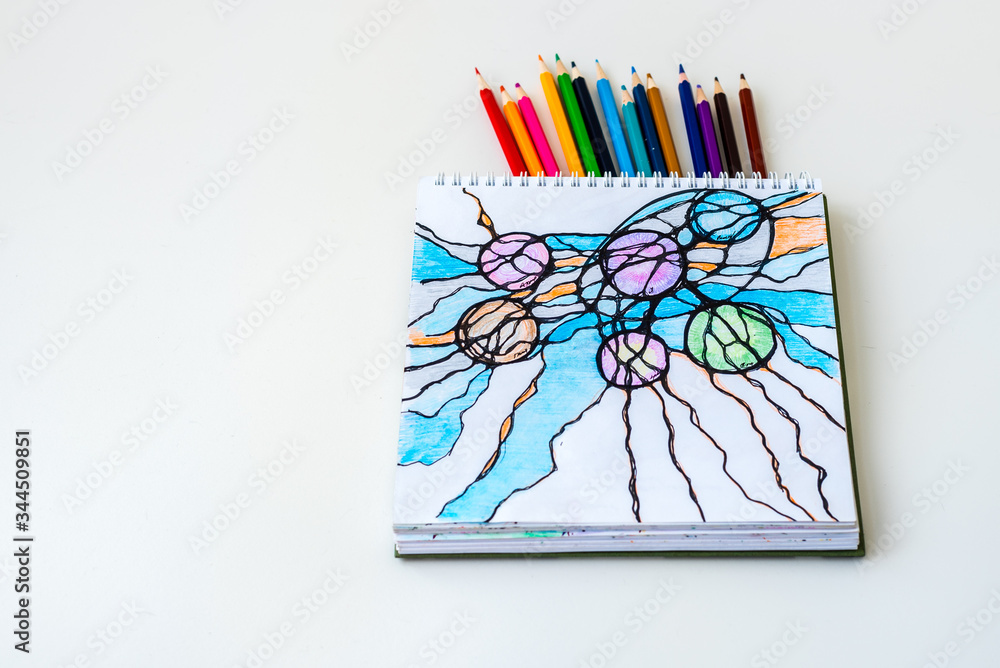 Abstract neurographic drawing with markers and colored pencils ...