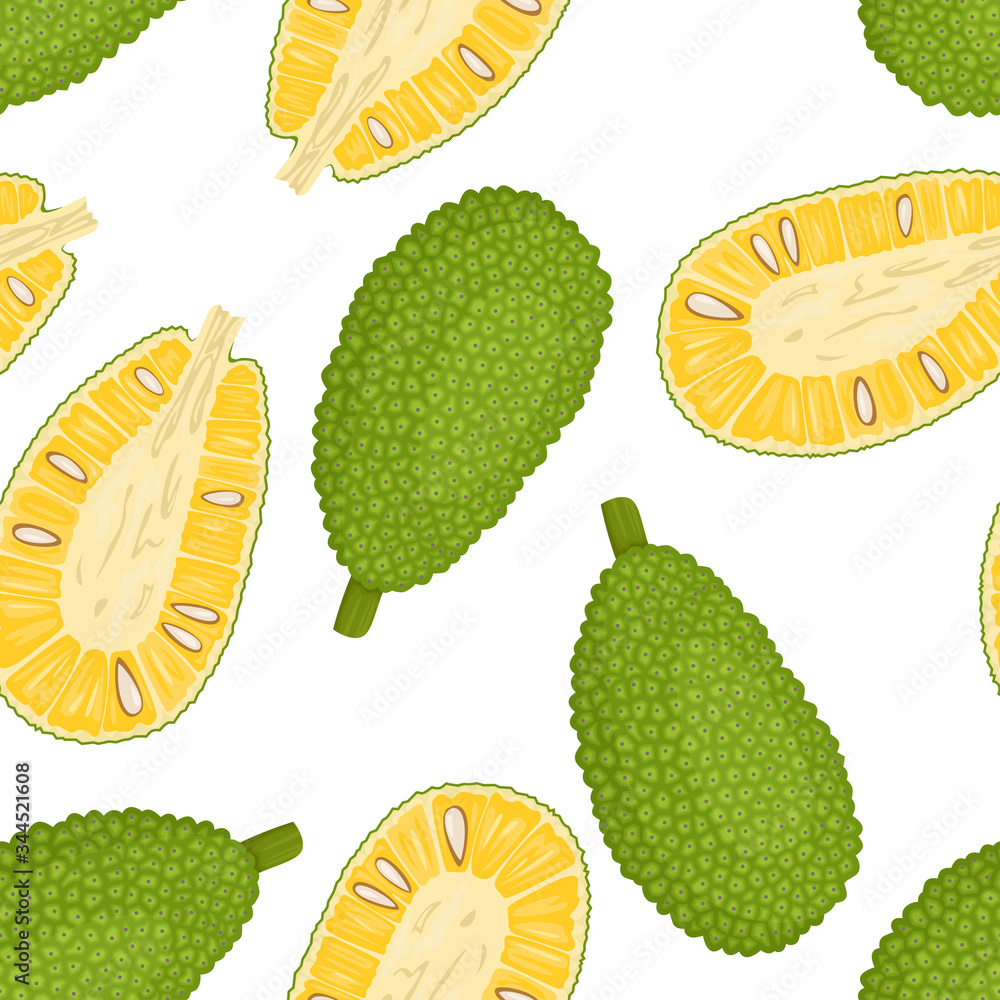 Jackfruit seamless pattern. Ripe tropical fruits whole and halves on ...