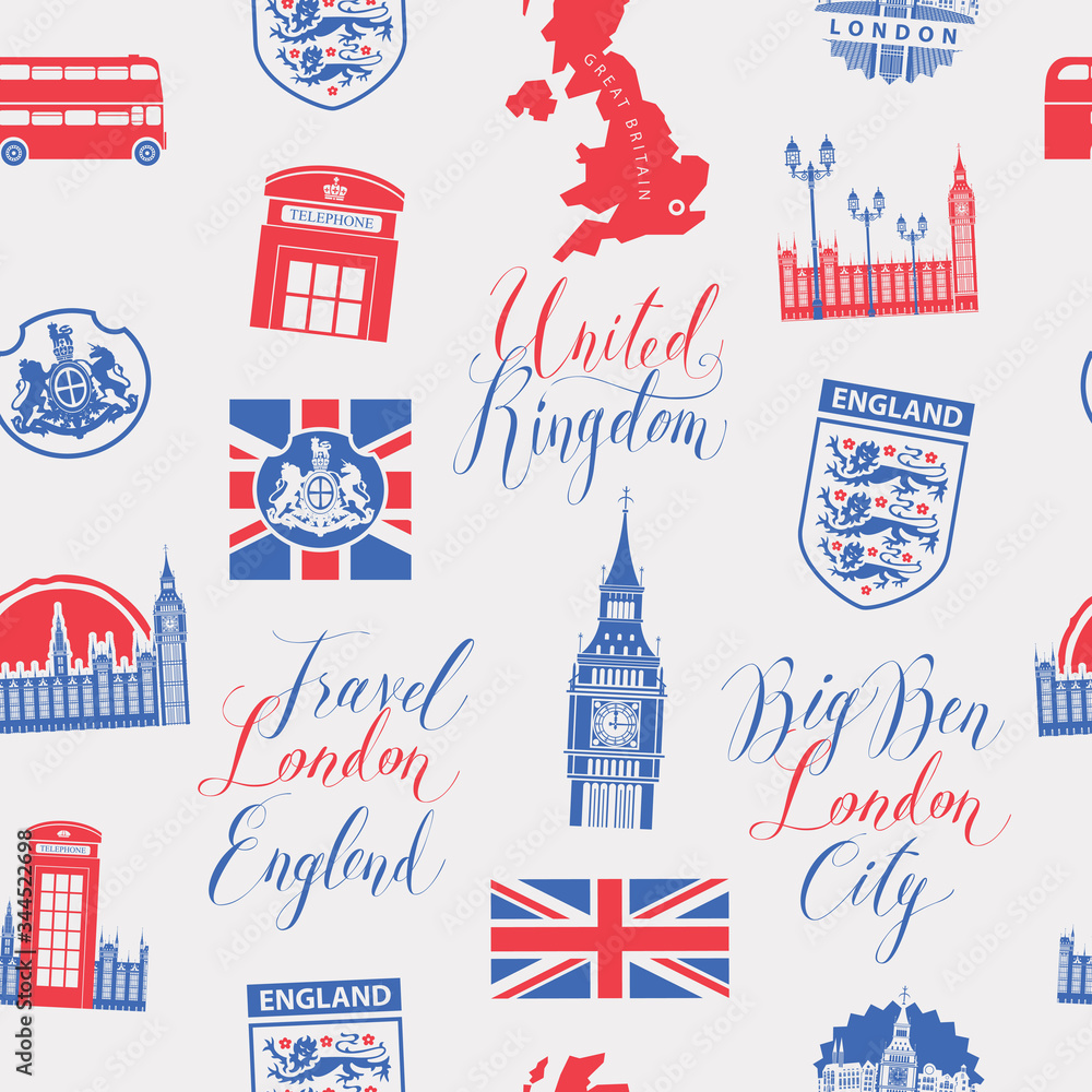 Vector seamless pattern on UK and London theme with inscriptions ...