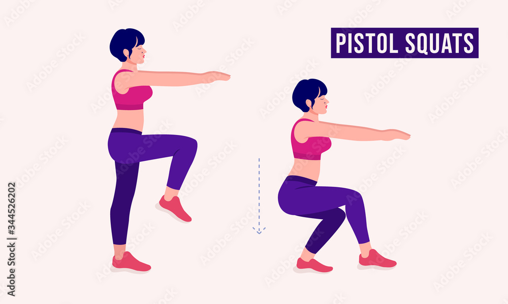 Girl doing PISTOL SQUATS exercise, Woman workout fitness, aerobic and ...