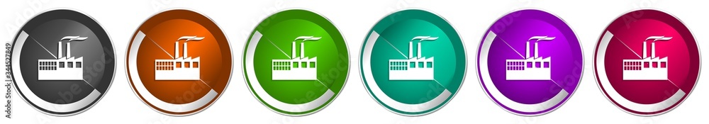 Factory icon set, industrial building, plant, pollution silver metallic ...