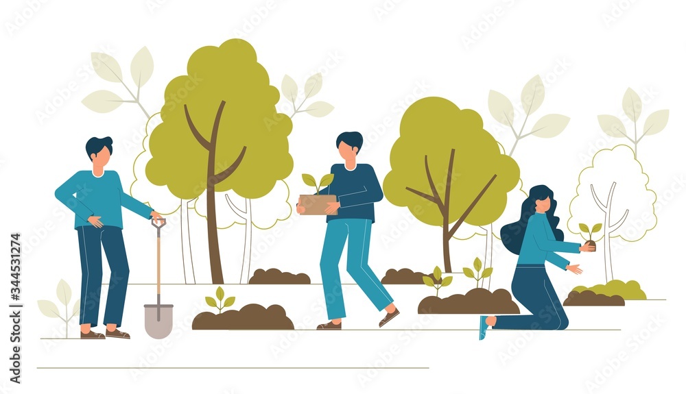 Reforestation concept. Forest restoration, reforestation planting trees, environment day. vector ...
