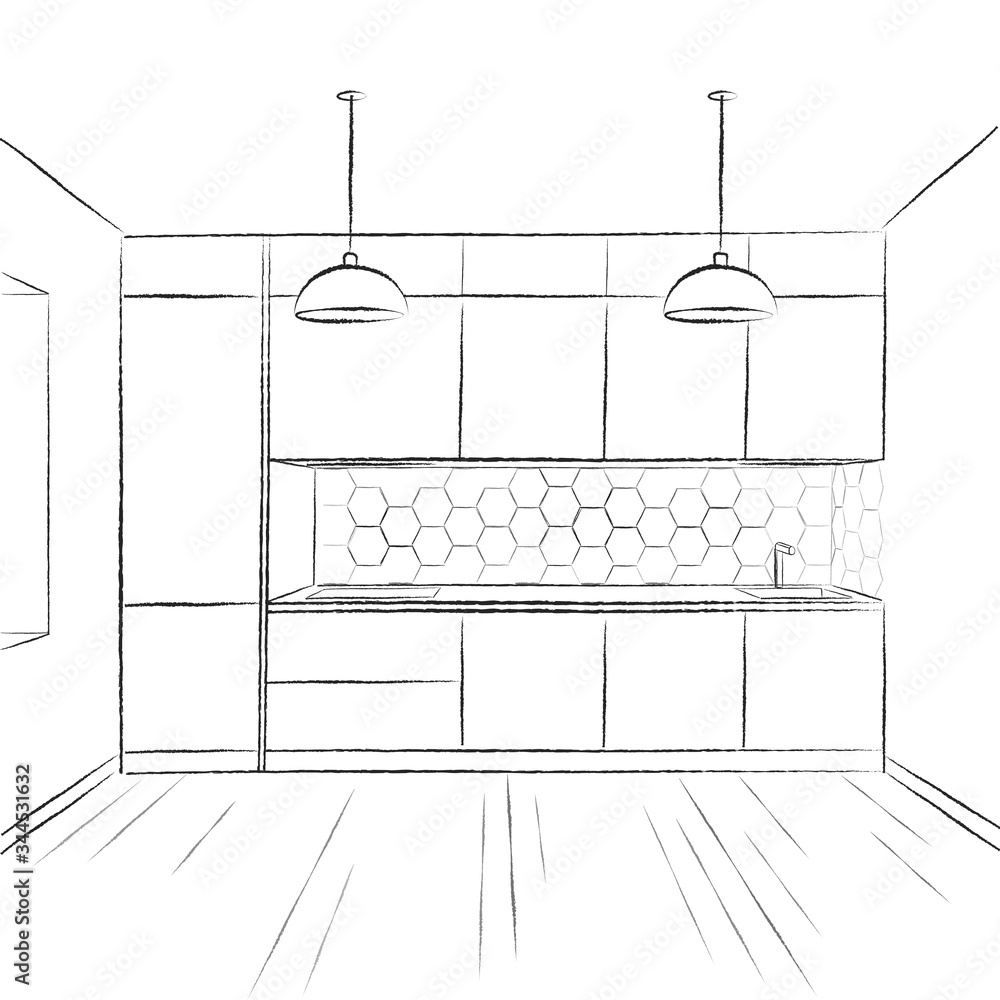 Small kitchen sketch. Illustration drawing Stock Vector | Adobe Stock