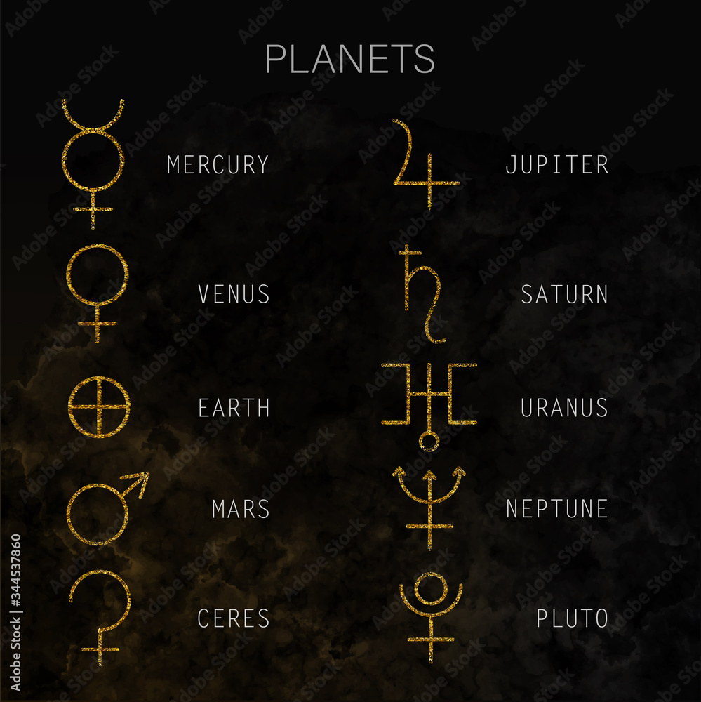 Gold planets signs and symbols set. Minimalist glitter astrology ...
