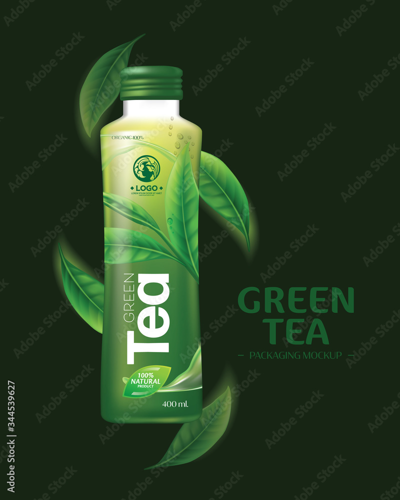 Green Tea Drink Packaging Mockup. Realistic green tea leaves background ...