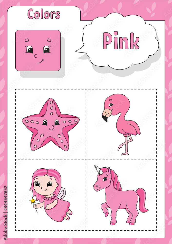 Learning colors. Pink color. Flashcard for kids. Cute cartoon ...