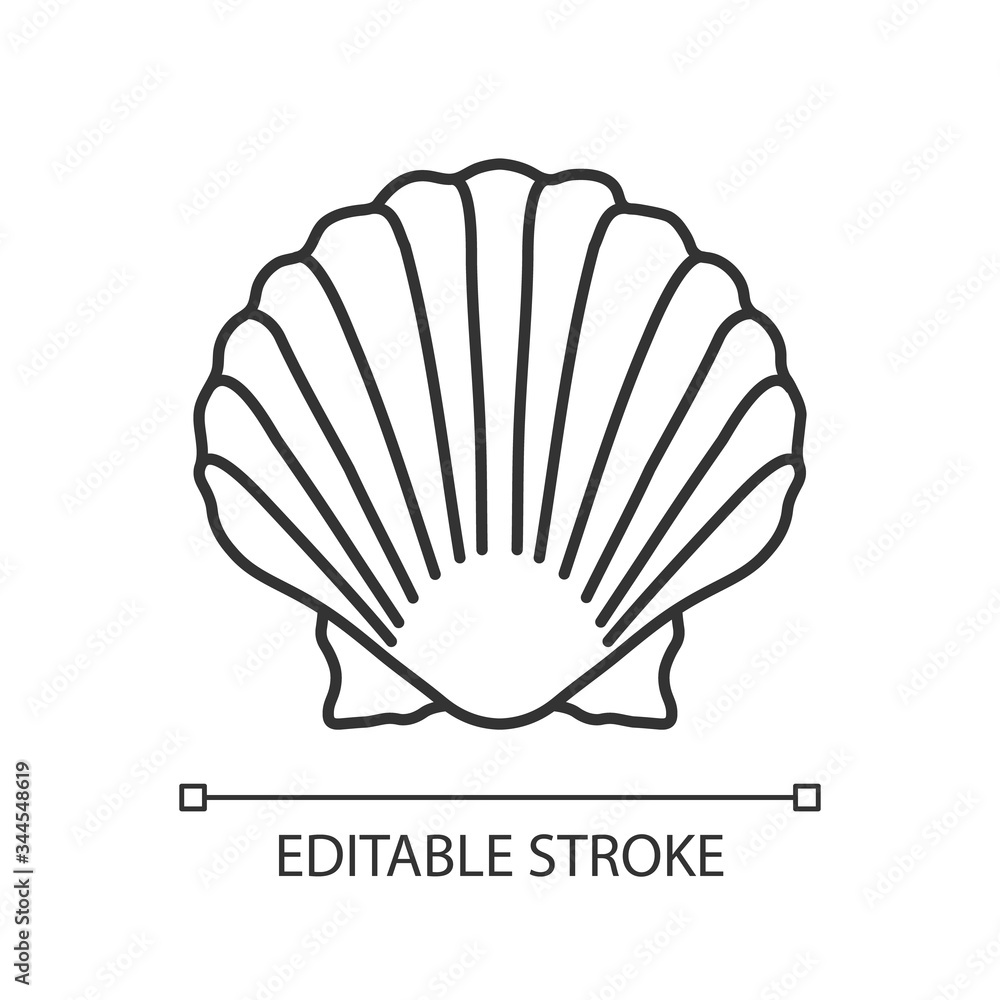 Scallop shell pixel perfect linear icon. Exotic seashell, decorative ...