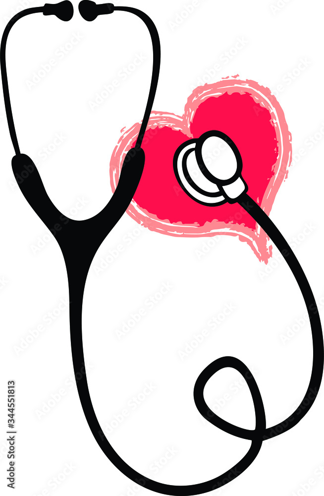 Stethoscope Black and Cartoon Vector Illustration over Red Heart with ...