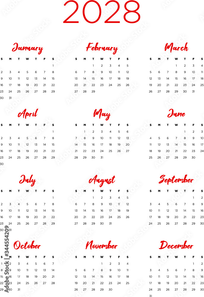 Annual calendar in A4 format for 2028 year Stock Vector | Adobe Stock