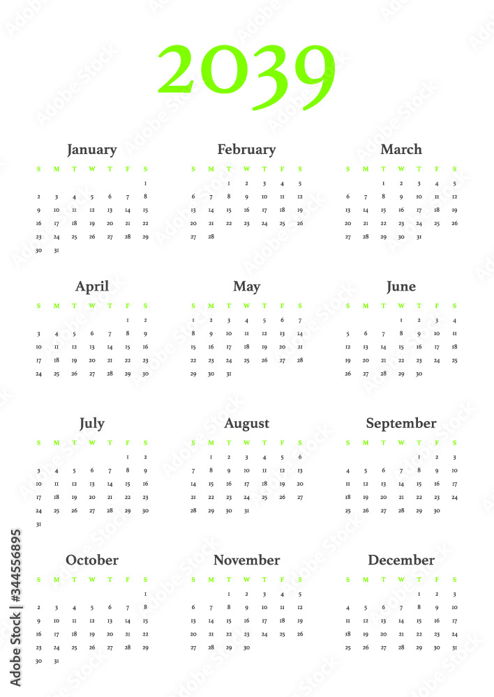 Annual calendar in A4 format for 2039 year Stock Vector | Adobe Stock