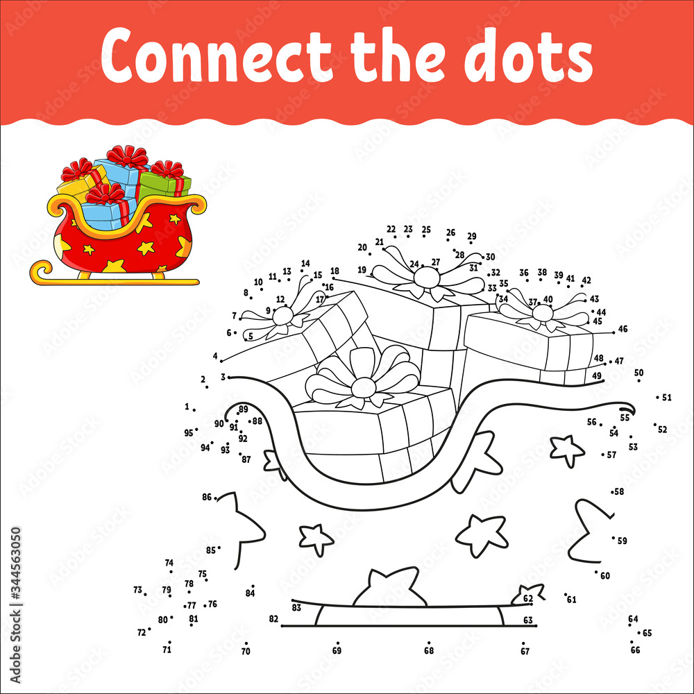 Dot to dot game. Draw a line. Christmas sleigh santa claus with gifts ...